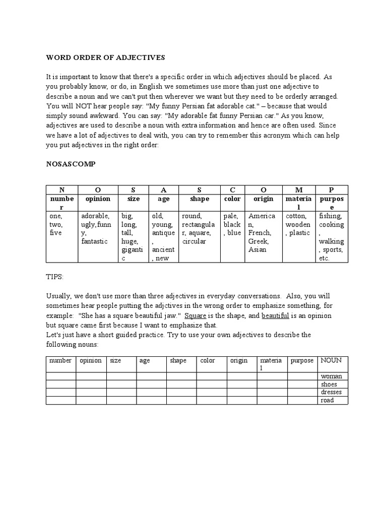 Word Order of Adjectives | PDF | Adjective | Language Mechanics