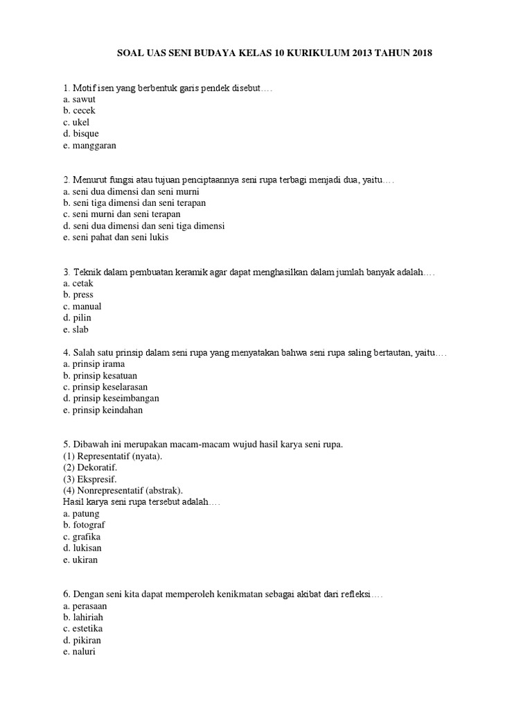 Soal Uas Seni Budaya Kelas 10 | PDF | Seni