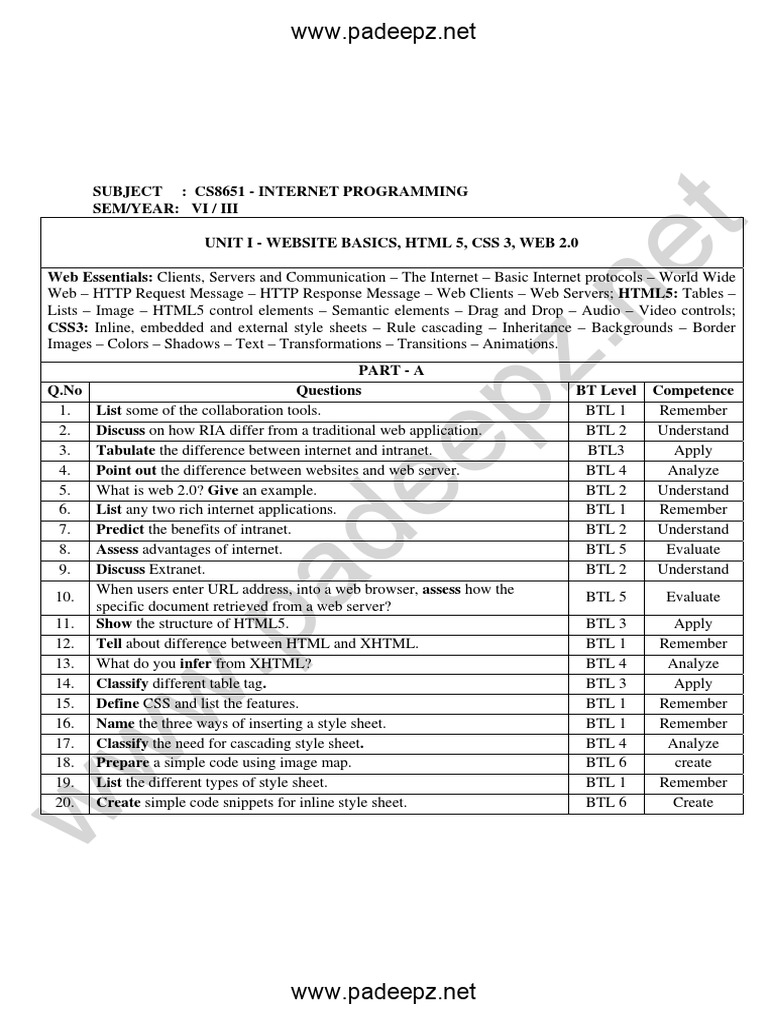 CS8651 QB Internet Programming PDF | PDF | Xml | Html Element