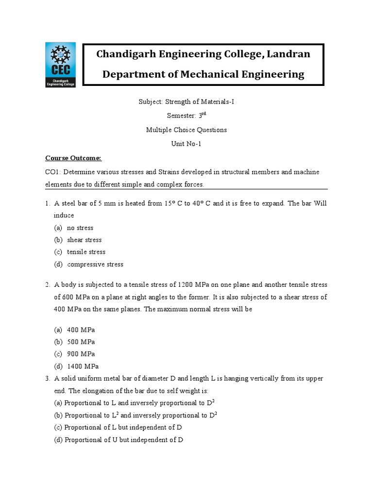 Unit 1 | PDF | Elasticity (Physics) | Strength Of Materials
