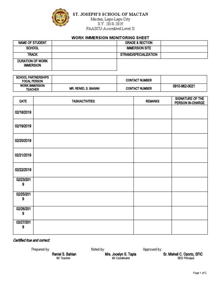Work Immersion Monitoring Sheet Final | PDF