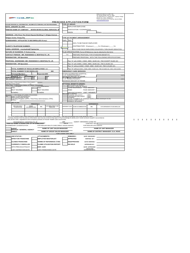 2019 INLIFE HEALTH CARE FRANCHISE FORM | PDF | Self Insurance | Health ...