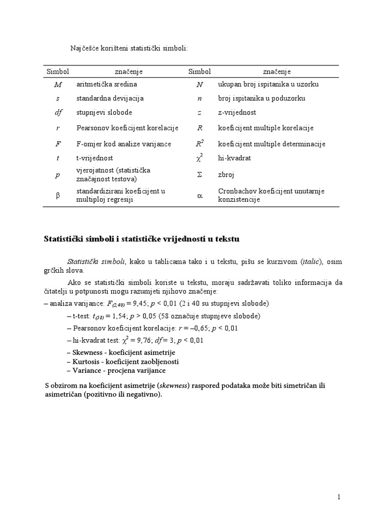 Statistički simboli i statističke vrijednosti u tekstu.pdf | PDF