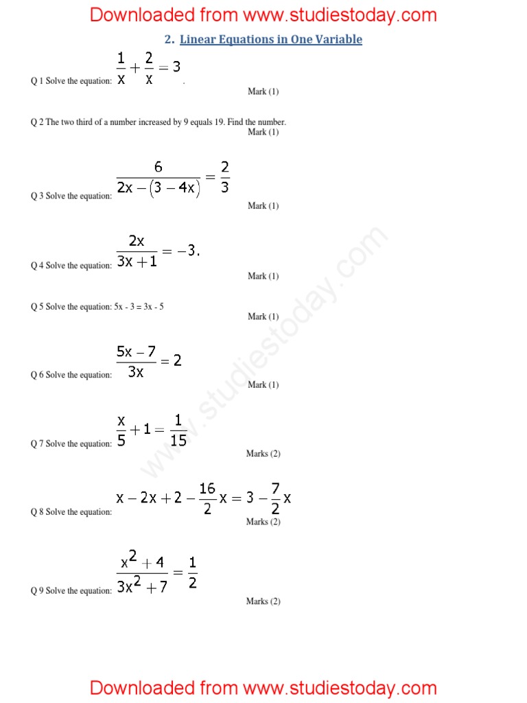 Linear Equations Assignment 10 - 0 | PDF | Equations | Fraction ...