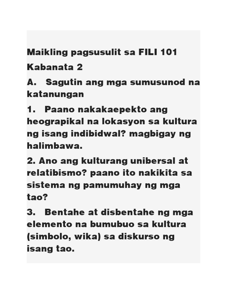 OQ Maikling Pagsusulit Sa FILI 101 | PDF