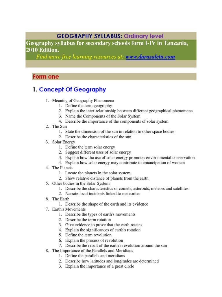Tanzania O-Level Geography Syllabus 2010 | PDF | Mining | Agriculture