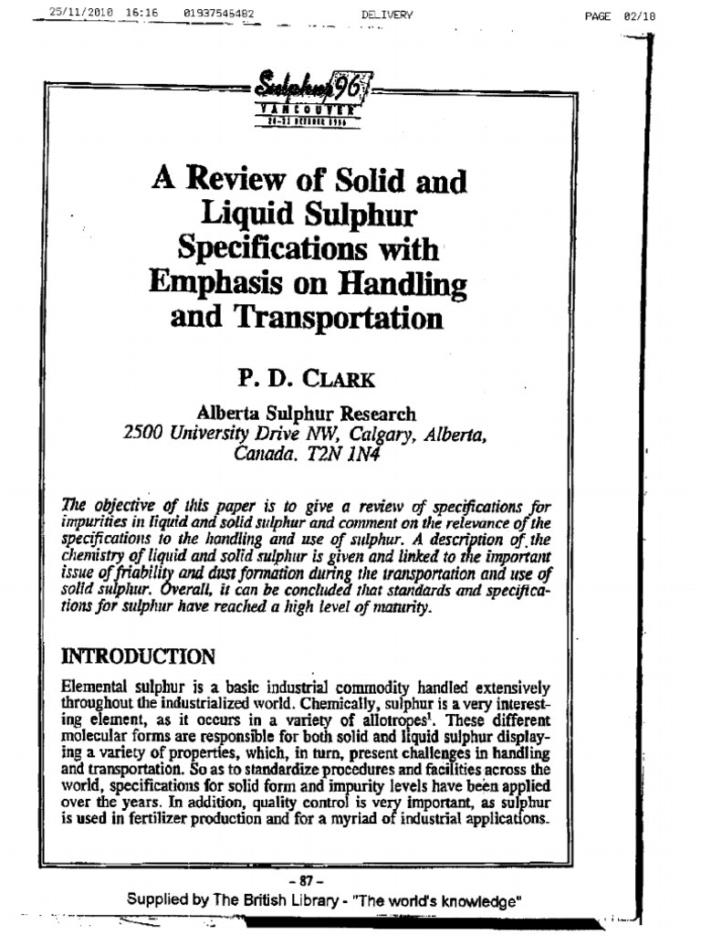 A Review of Solid and Liquid Sulphur Specification With Emphasis On ...