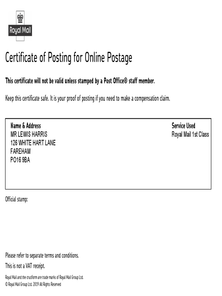 Royal Mail Certificate of Posting Guide | PDF