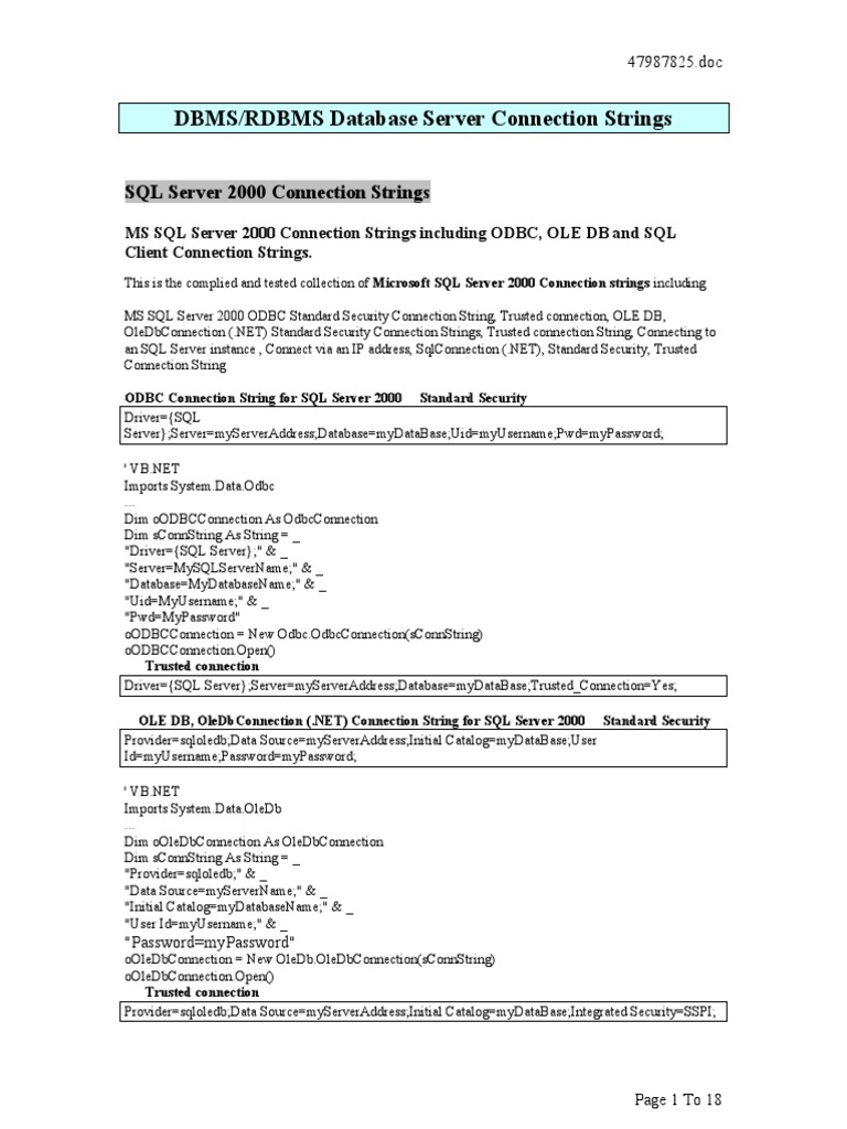 DBMS Connection Strings | PDF | Microsoft Access | Microsoft Sql Server DBMS Connection Strings | PDF | Microsoft Access | Microsoft Sql Server