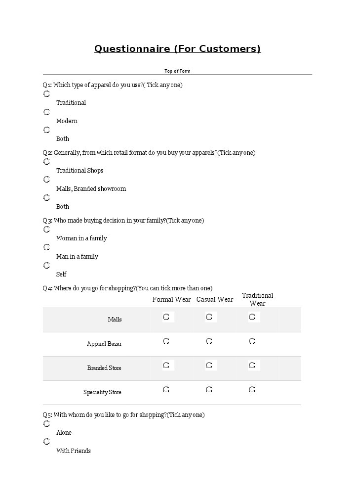 Questionnaire (For Customers) : Formal Wear Casual Wear Traditional ...