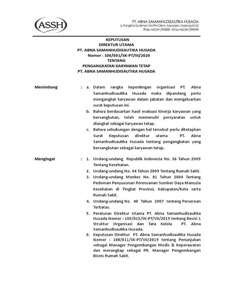 Referensi SK Pengangkatan Karyawan Tetap - FINAL | PDF