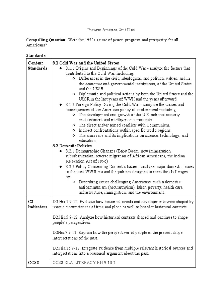 Postwar America Unit Plan 2 | PDF | Mc Carthyism | Cold War