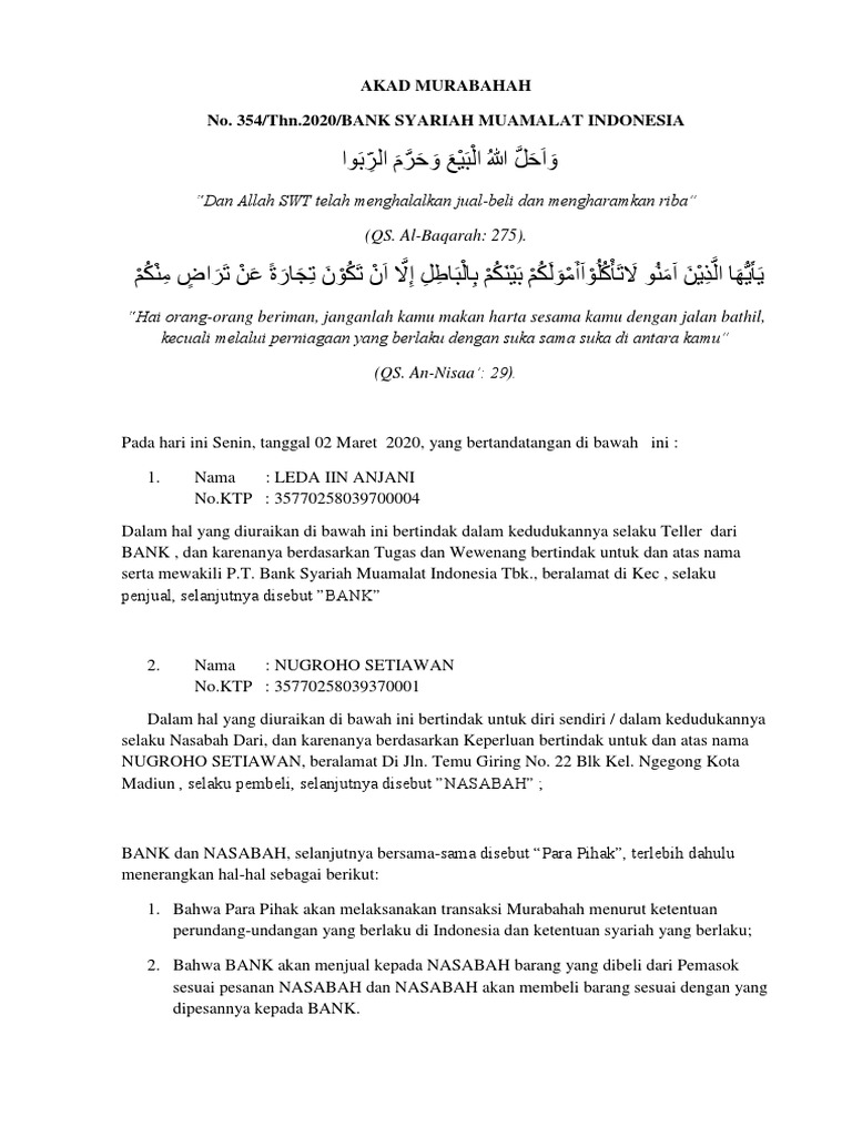 Surat Perjanjian Pembiayaan Syariah-Akad Murabahah PDF | PDF