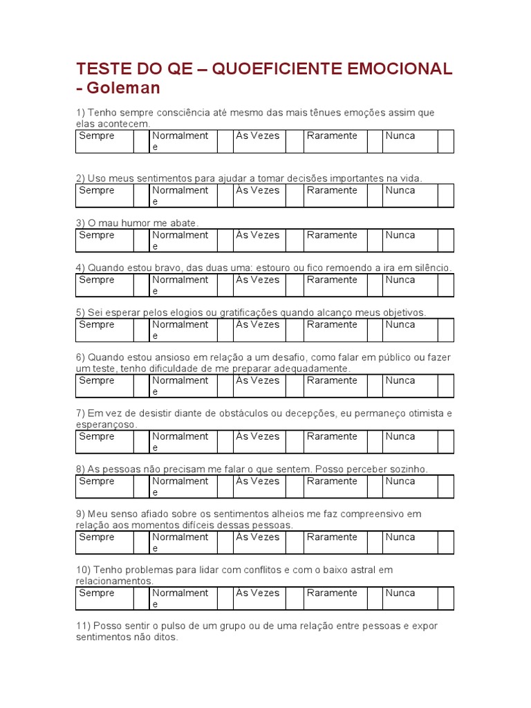 TESTE DO QE - QUOEFICIENTE EMOCIONAL - Goleman | PDF | Inteligência ...