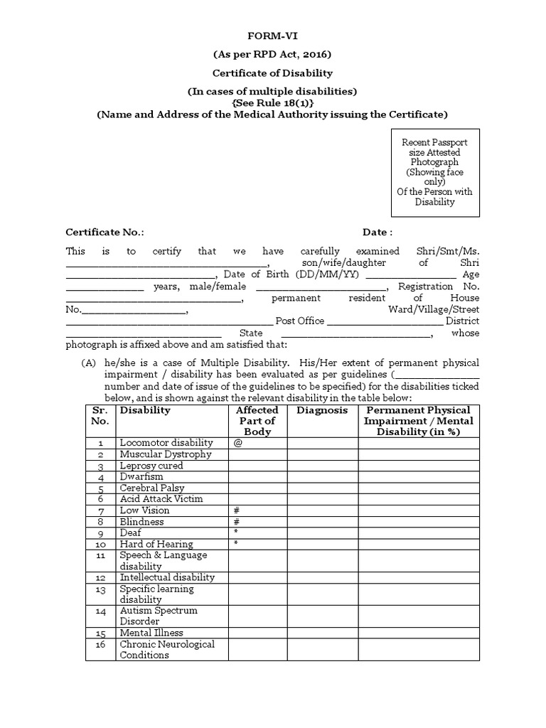 1503182828PWBD Certificate - FORM VI PDF | PDF | Visual Impairment | Disability
