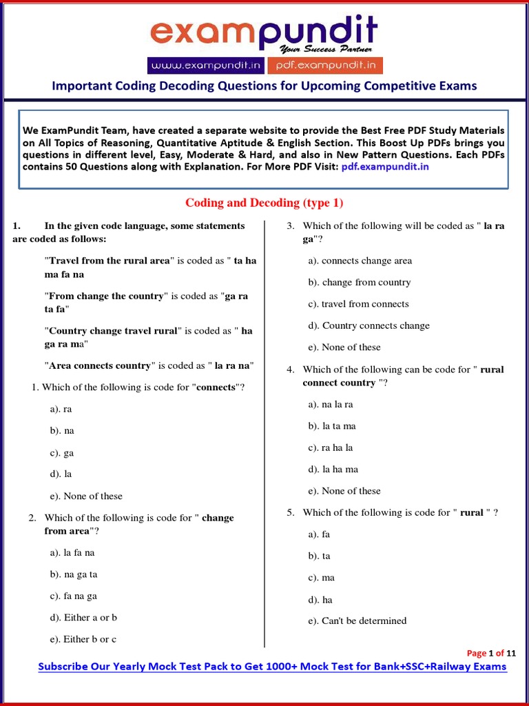 Important Coding Decoding Type 1 For Upcoming Competitive Exams PDF ...