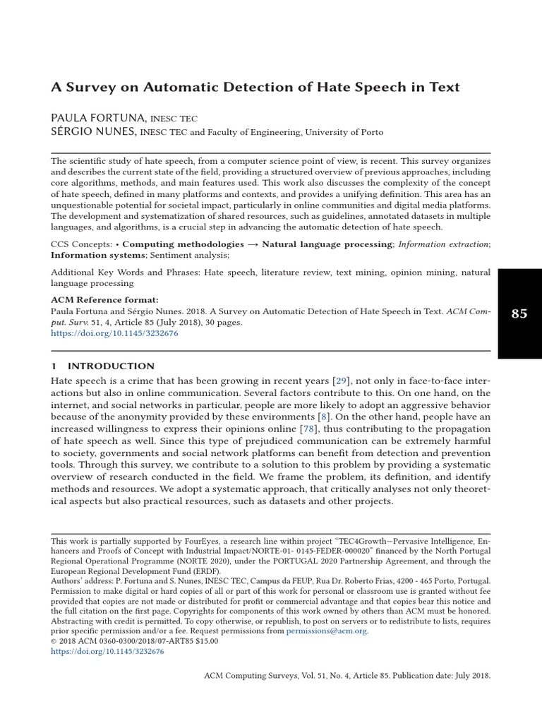 A Survey On Automatic Detection Of Hate Speech In Text Pdf Hate Speech Hatred