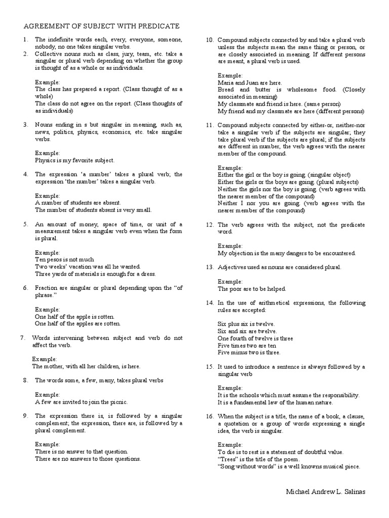 Subject-Predicate Agreement Rules | PDF | Grammatical Number | Verb