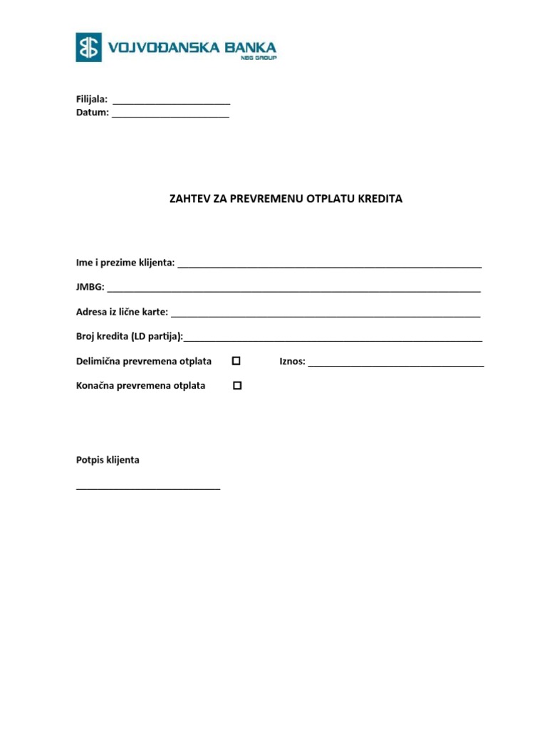 Zahtev Za Prevremenu Otplatu Kredita | PDF