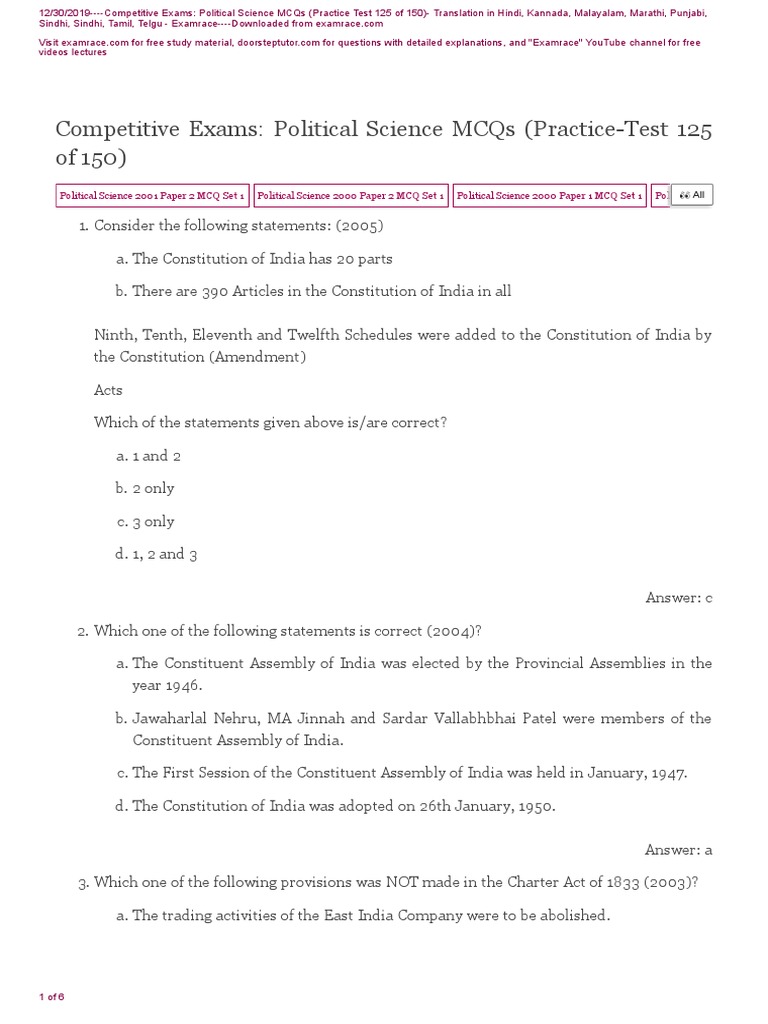 Political Science MCQs Practice Test 125 PDF | PDF | Political Charters ...