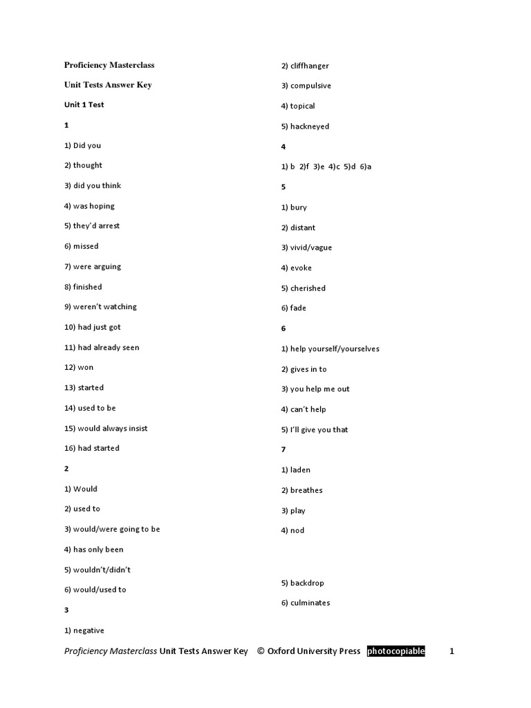 Proficiency Masterclass Unit Tests Answer Key | PDF