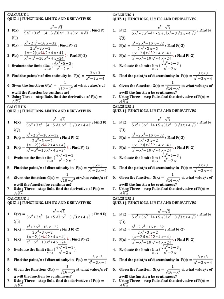 Quiz 1 Funtions, Limits and Derivatives | PDF | Derivative | Calculus