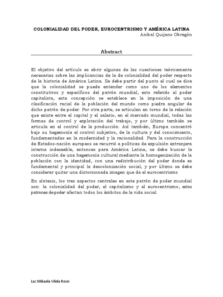 Abstract COLONIALIDAD DEL PODER, EUROCENTRISMO Y AMÉRICA LATINA | PDF