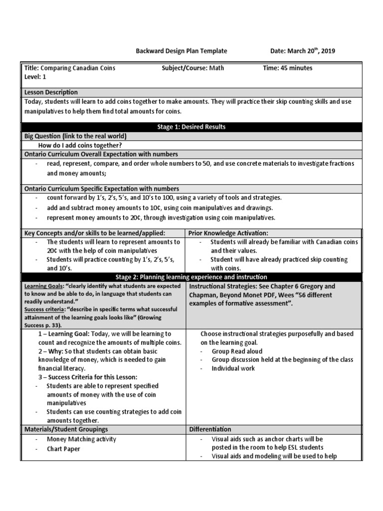 Canadian Coins Math Lesson Plan | PDF | Pedagogy | Teachers