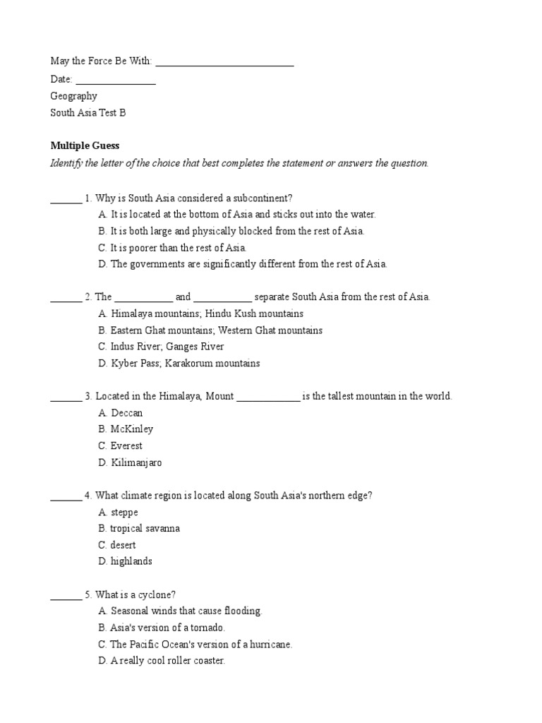 9 - South Asia Test B Updated | PDF | South Asia | Sri Lanka
