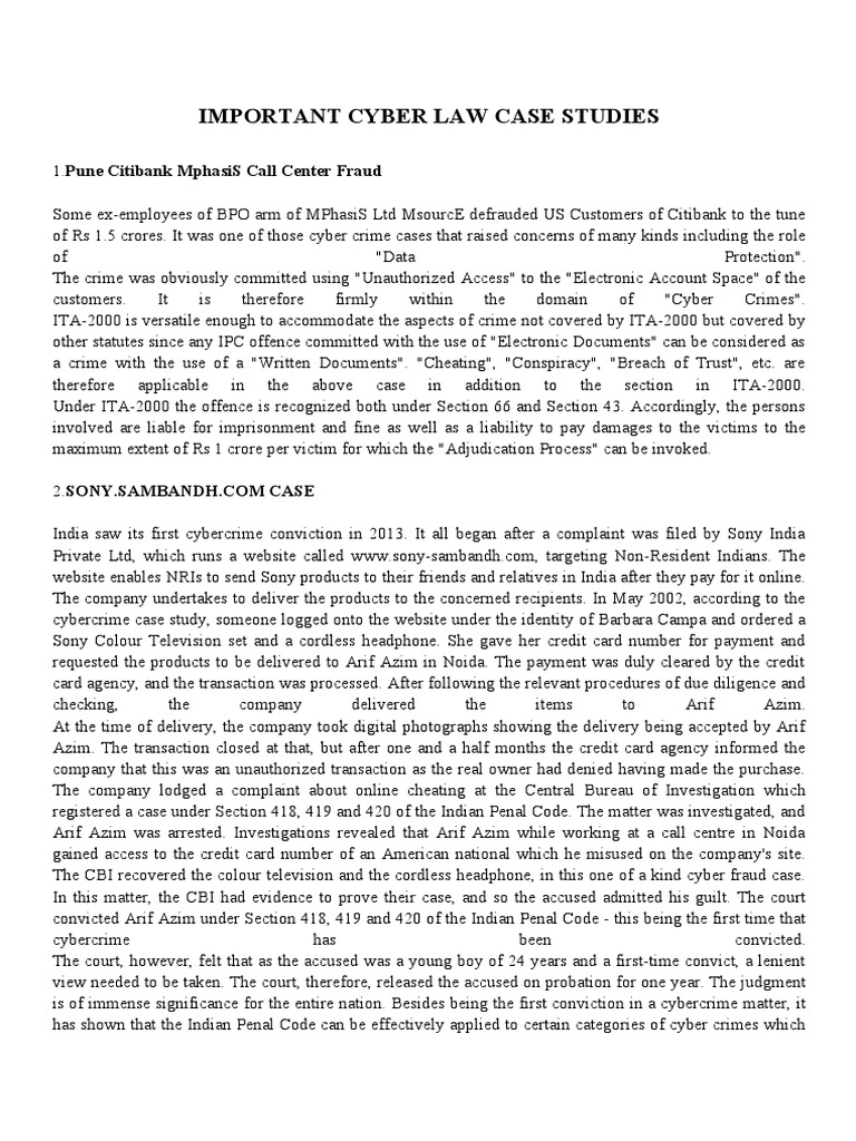 Important Cyber Law Case Studies | PDF | Cybercrime | Cyberwarfare