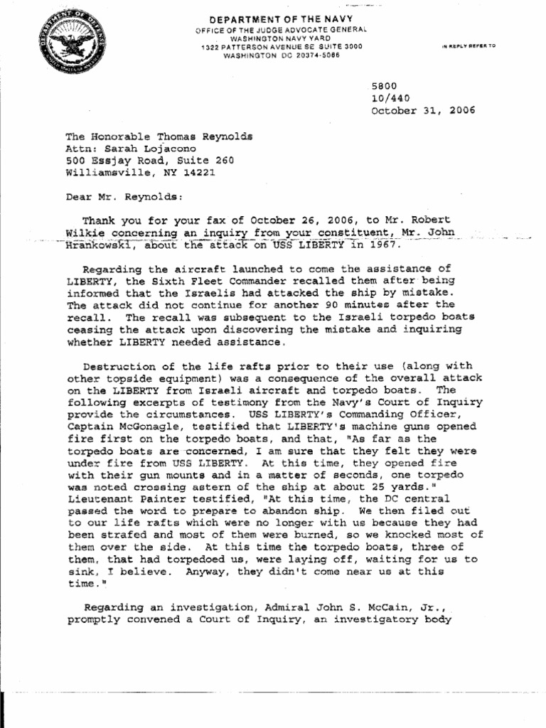 USS Liberty: Letter From Captain Joseph Baggett, USN JAGC Re: War ...