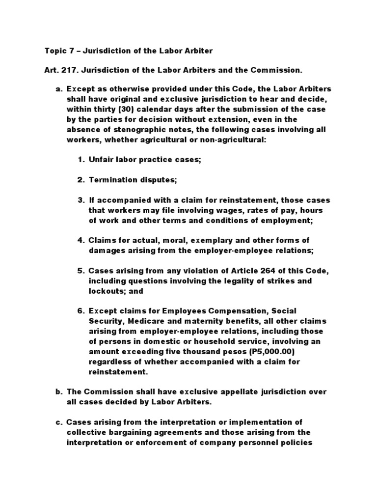 Topic 7 - Jurisdiction of The Labor Arbiter | PDF | Labour Law | Strike ...