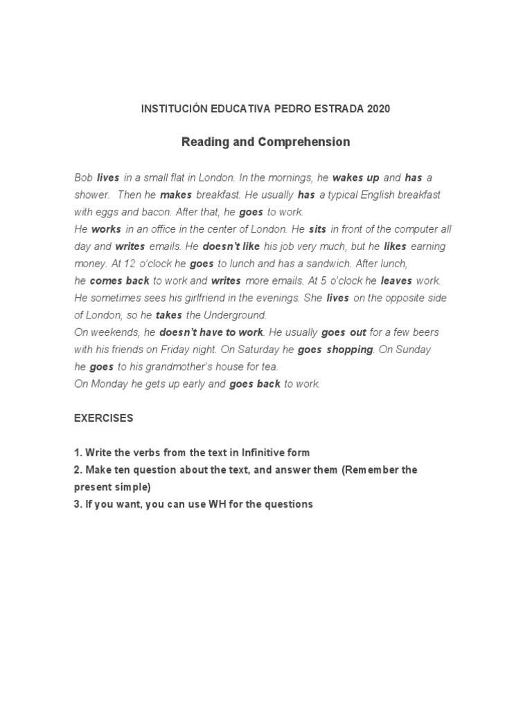 Comprensión Lectora: Presente Simple | PDF | Language Arts & Discipline ...