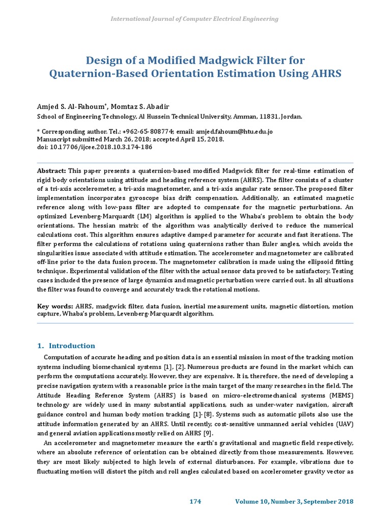 Design Of A Modified Madgwick Filter For Quaternion Based Orientation Estimation Using Ahrs