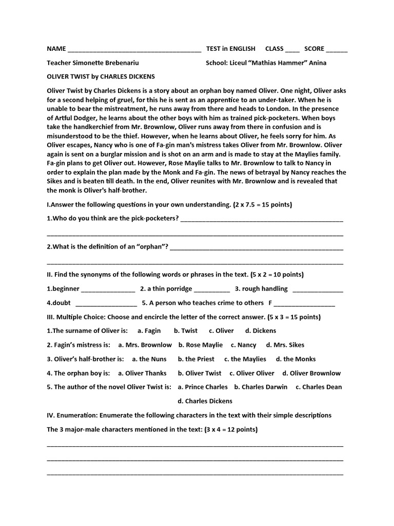 Analysis of a Student Test on Charles Dickens' Novel Oliver Twist | PDF ...