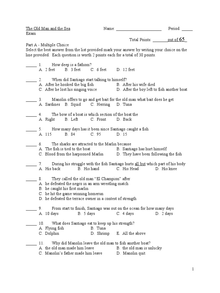 Old Man and the Sea Exam Questions | PDF | Fish | Fish And Humans
