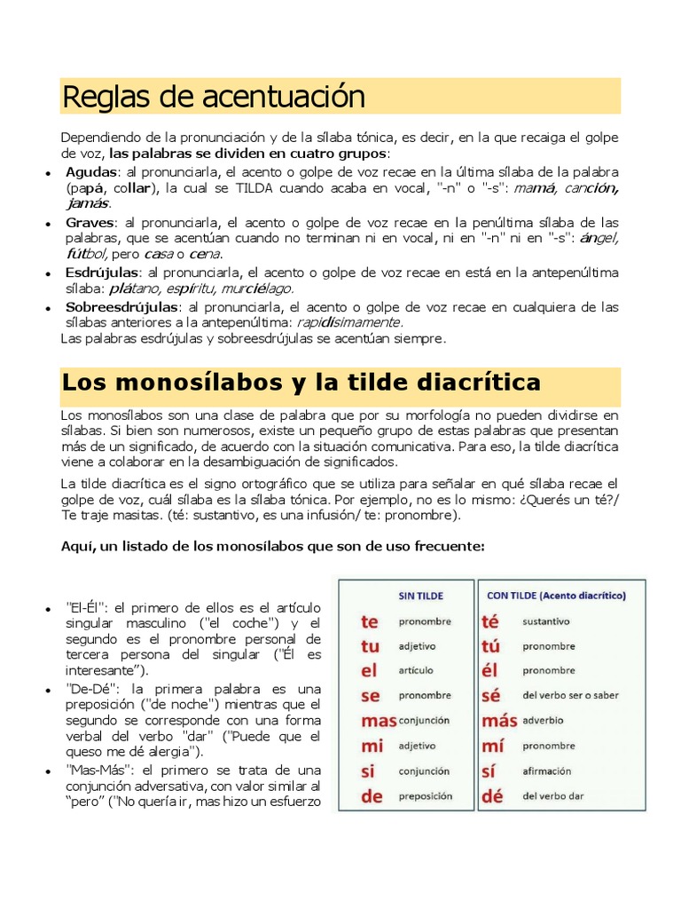 Reglas de Acentuación de Monosílabos y Tilde Diacrítica | PDF ...