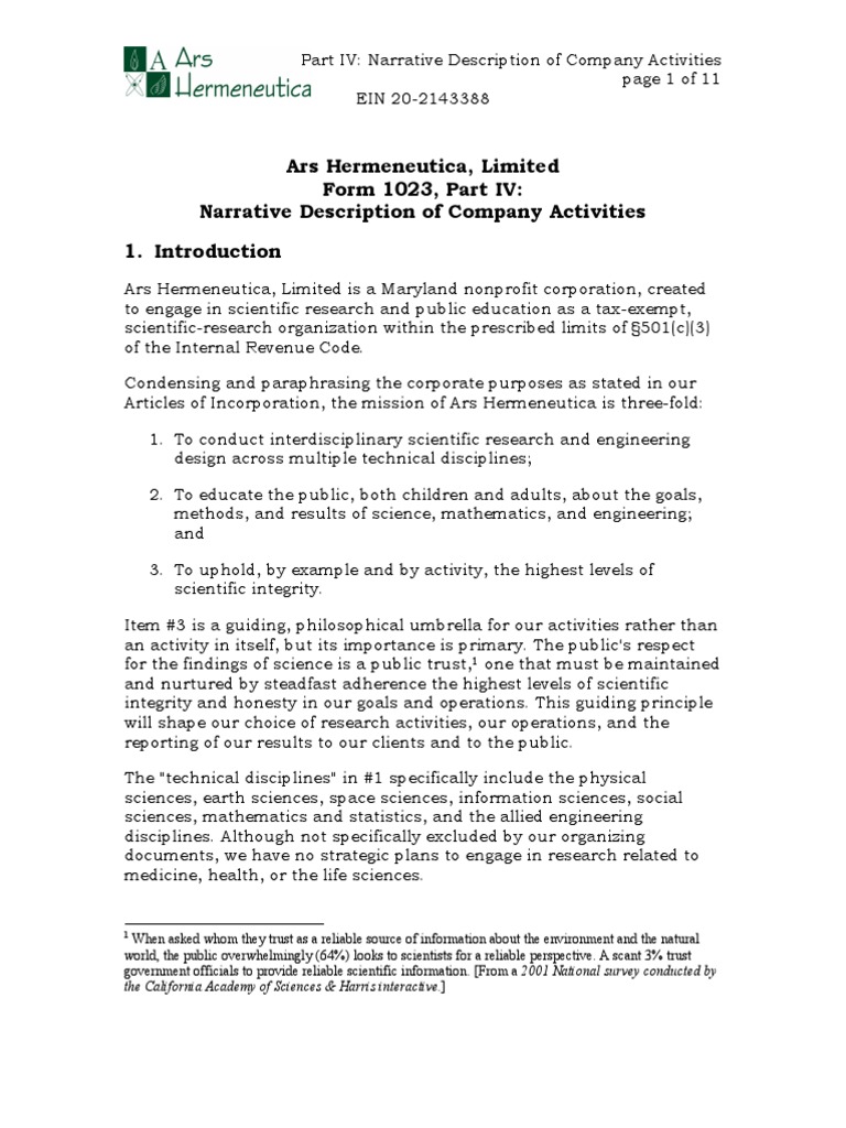 Ars Hermeneutica, Limited Form 1023, Part IV: Narrative Description of ...