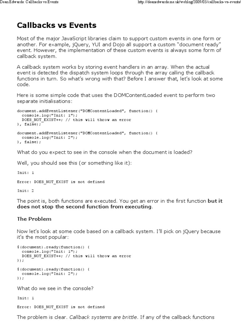 JavaScript Callbacks vs Events Explained | PDF | Callback (Computer Programming) | J Query