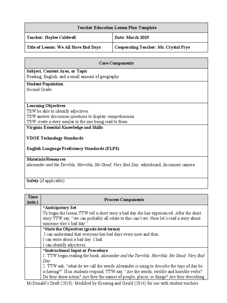 Alexander and The Terrible Horrible No Good Very Bad Day | PDF | Lesson ...