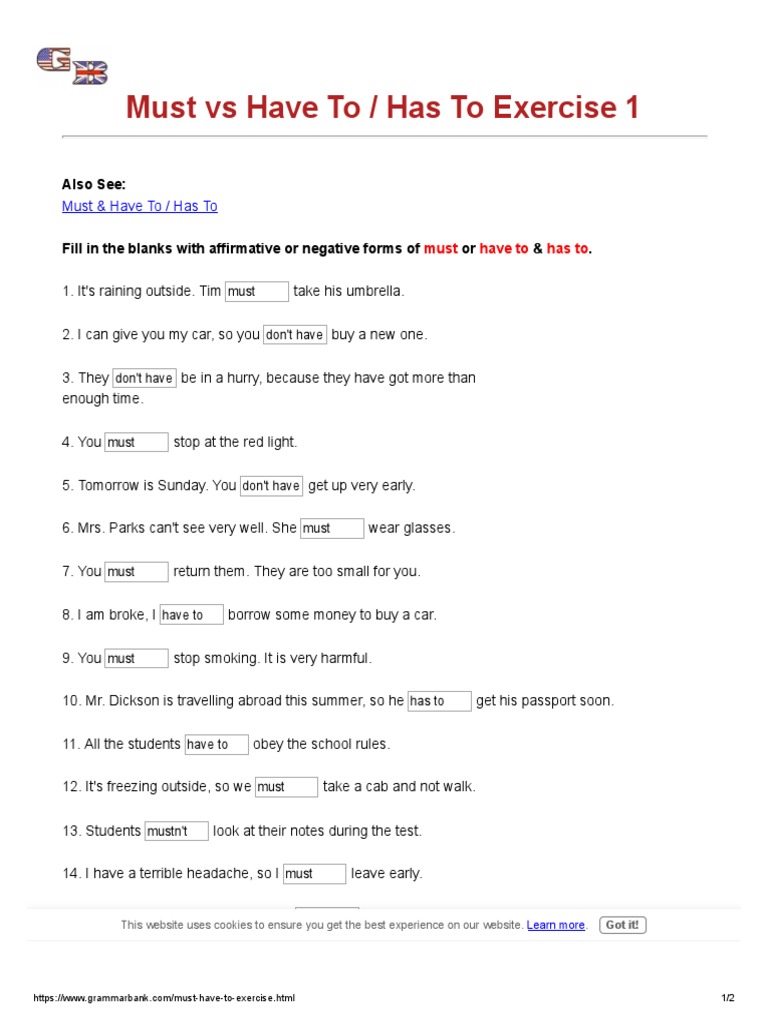 Must Vs Have To Exercise 1 GrammarBank | PDF