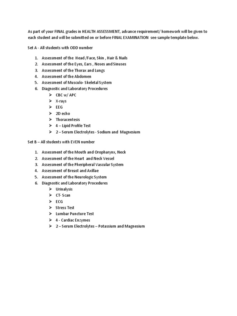 As Part of Your FINAL Grades in HEALTH ASSESSMENT | PDF | Medical Tests ...