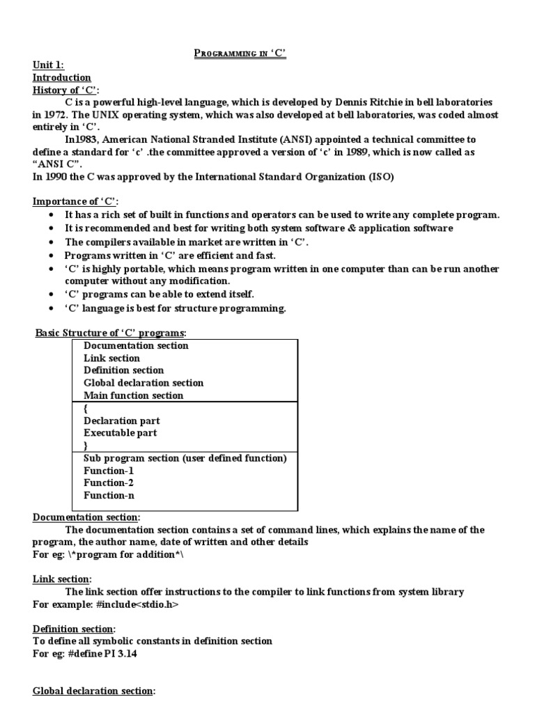 Programming In C Unit 1 Pdf C Programming Language Data Type 1524