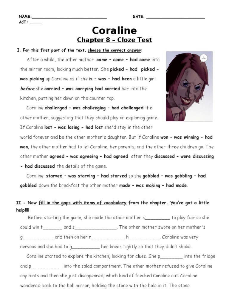 Coraline Chapter 8 Cloze Test Worksheet | PDF