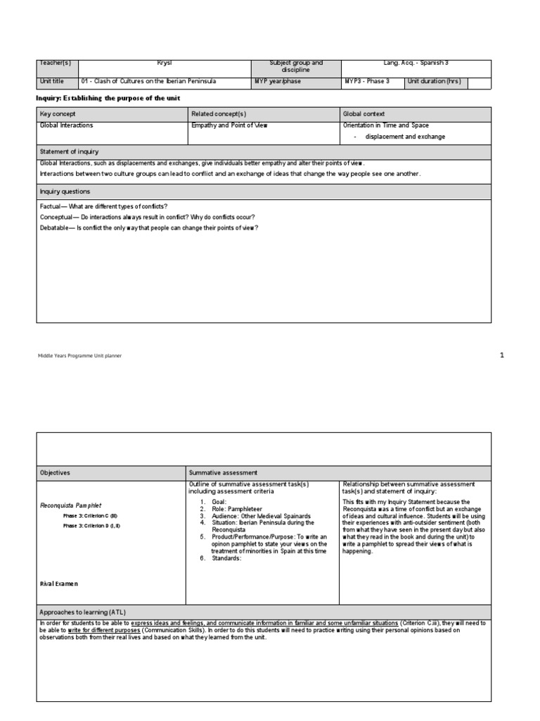 MYP Unit Planner - Spanish 3 - Clash of Cultures On The Iberian ...