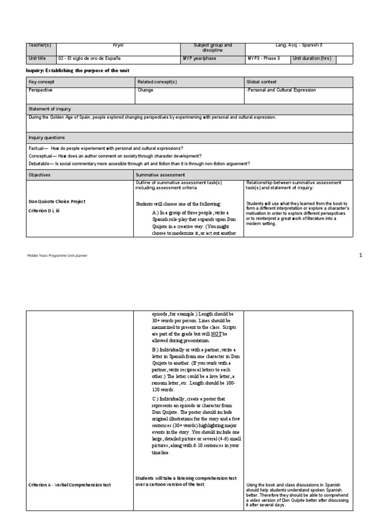 IB Unit Planner - Spanish 3 - El Siglo de Oro de España | PDF | Reading ...