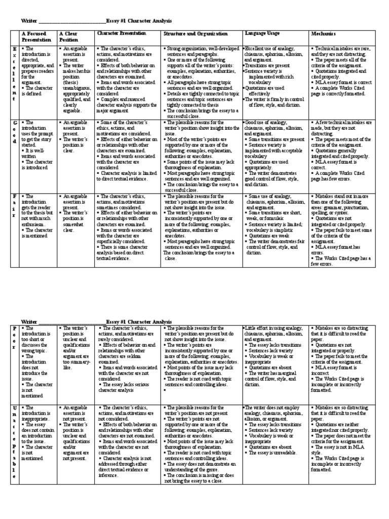 Character Analysis Essay Guidelines | PDF | Essays | Argument
