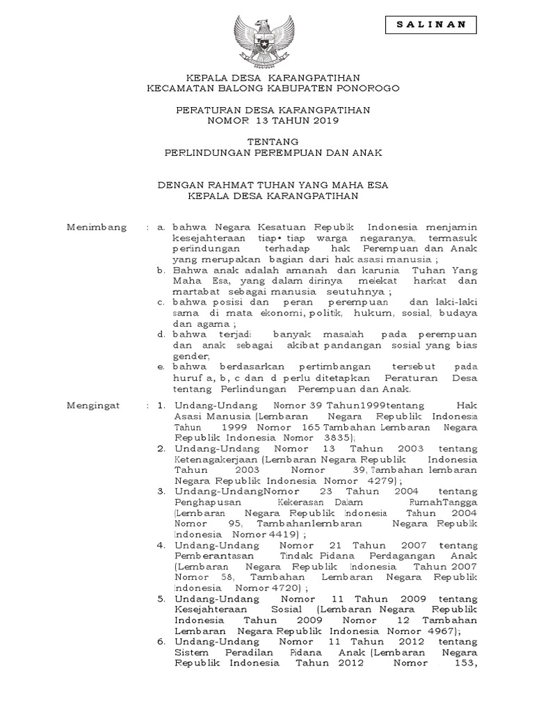 Perdes No 11 2019 TTG Perlindungan Perempuan Dan Anak | PDF