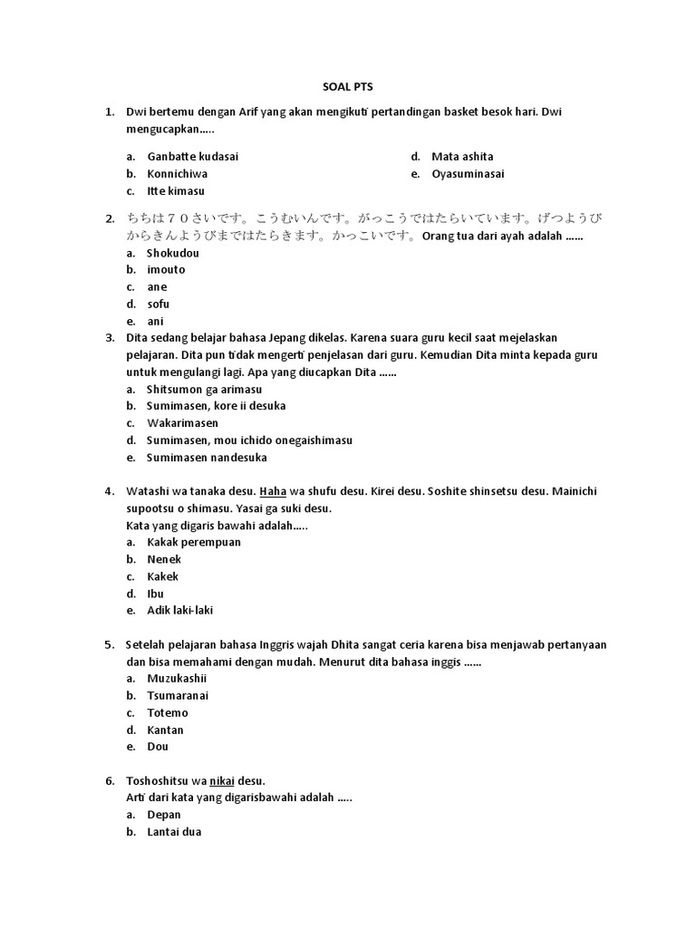 Soal PTS Bahasa Jepang Kelas 10 | PDF | Kajian Bahasa Asing