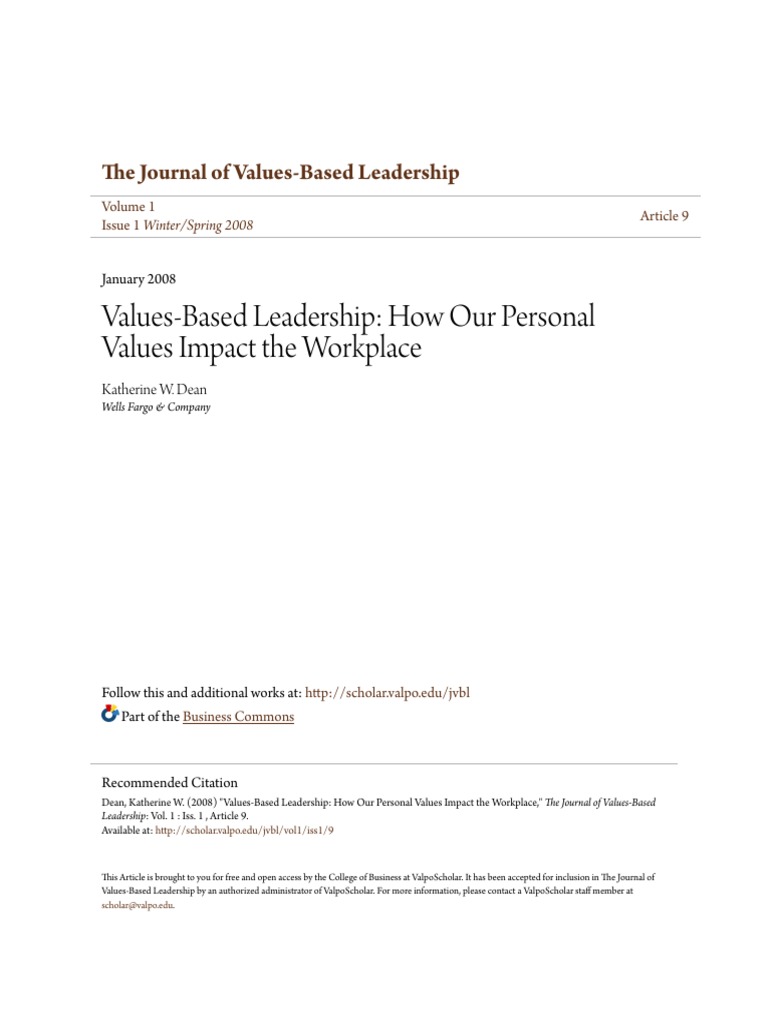 Values-Based Leadership - How Our Personal Values Impact The Workp PDF ...
